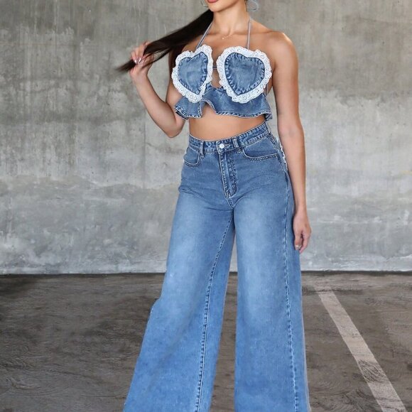 Tops | Light Wash Sexy Womens Hollowout Heart Embroidered Backless ...